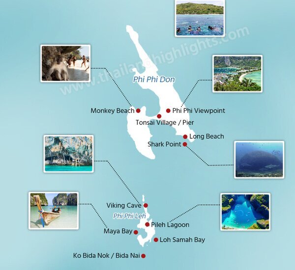 Phi Phi Islands Tourist Map: Beaches, Attractions, Hotels, Tour